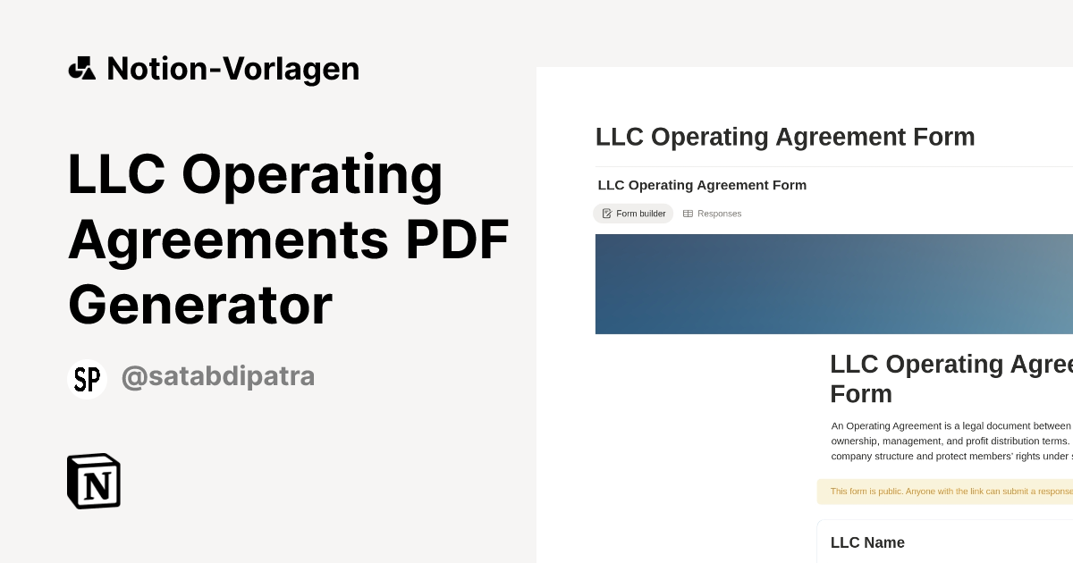 LLC Operating Agreements PDF Generator Vorlage | Notion-Marketplace