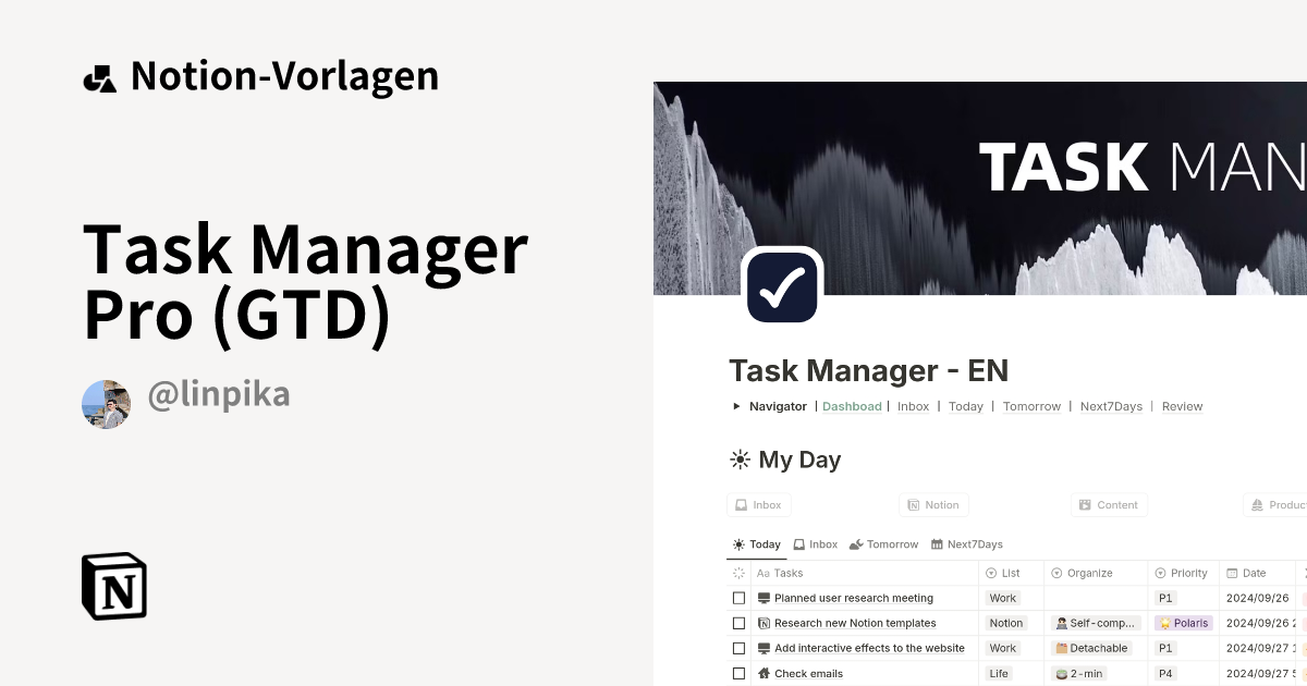 Task Manager Pro (GTD) Vorlage | Notion-Marketplace