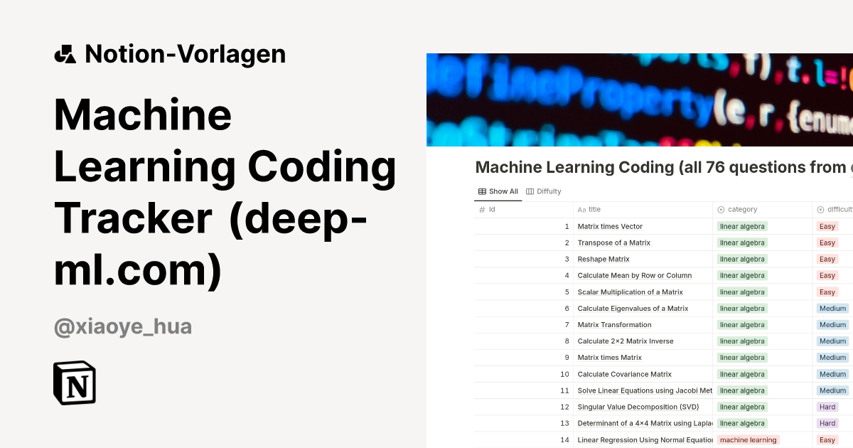 Machine Learning Coding Tracker (deep-ml.com) Vorlage | Notion-Marketplace