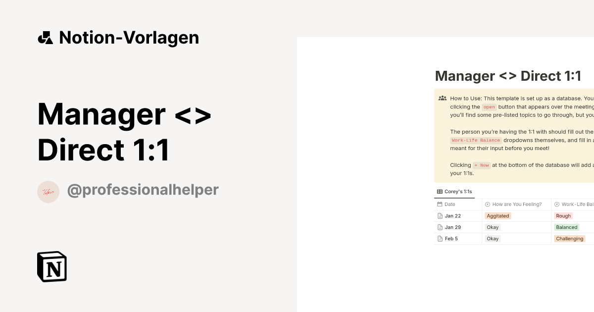 Manager Direct 1:1 Vorlage von Professional Helper | Notion-Marketplace