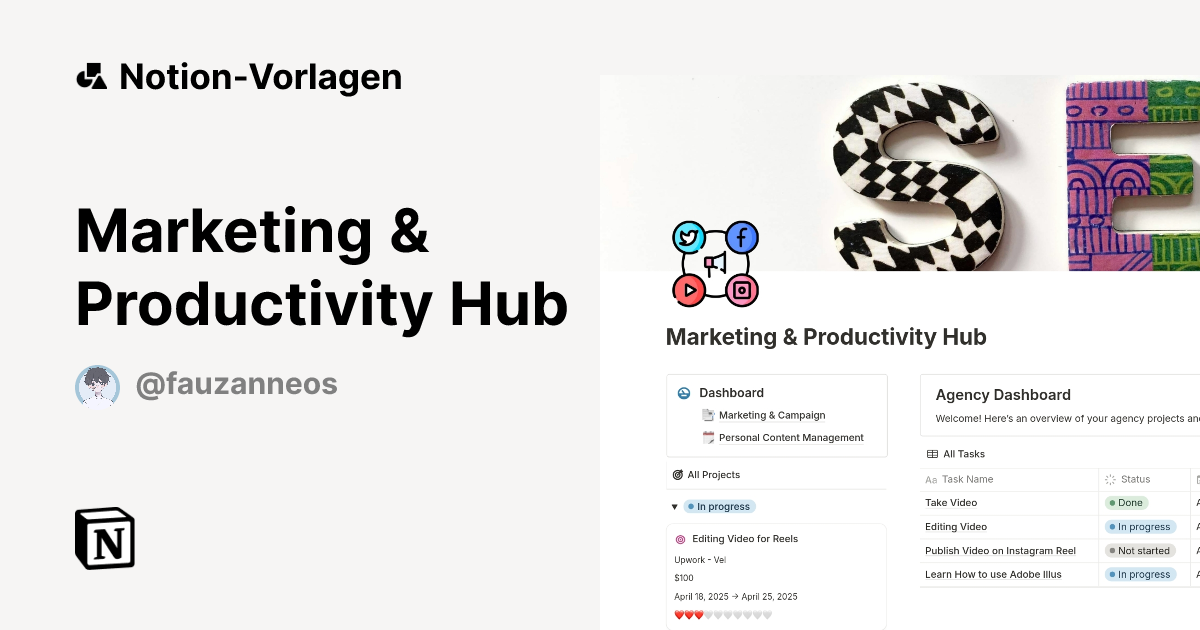 Marketing & Productivity Hub Vorlage von FauzanNeos | Notion-Marketplace