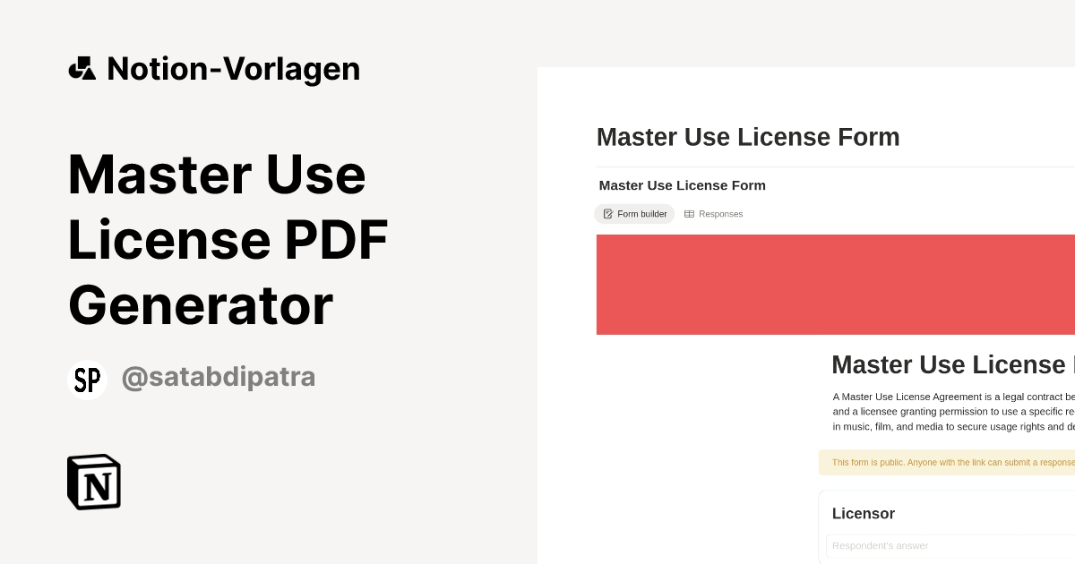 Master Use License PDF Generator Vorlage | Notion-Marketplace
