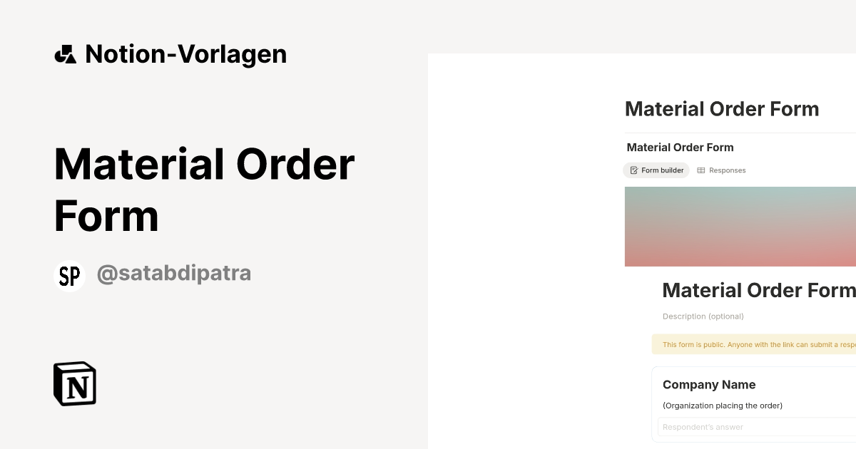 Material Order Form Vorlage | Notion-Marketplace