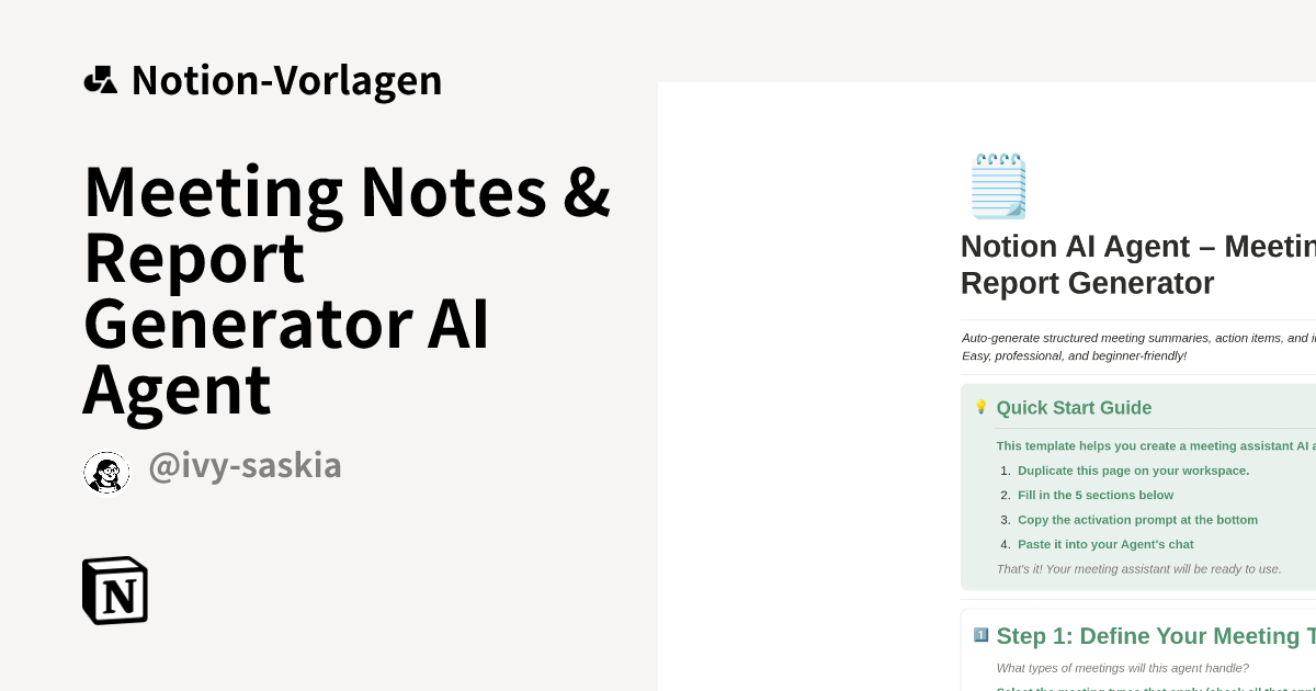Meeting Notes & Report Generator AI Agent Vorlage | Notion-Marketplace