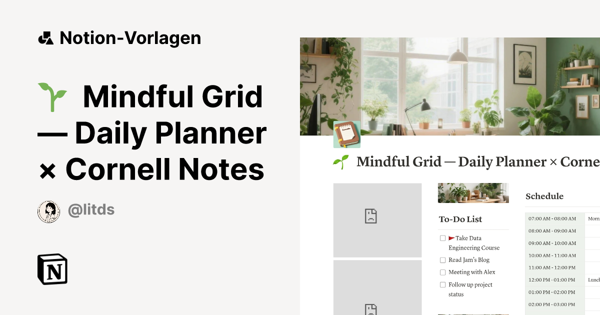 🌱 Mindful Grid — Daily Planner × Cornell Notes Vorlage | Notion-Marketplace