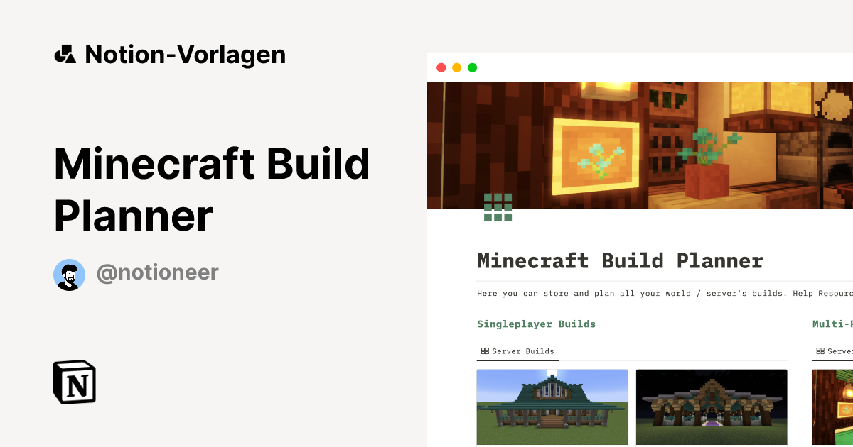 Minecraft Build Planner Vorlage von Con The Notioneer | Notion-Marketplace