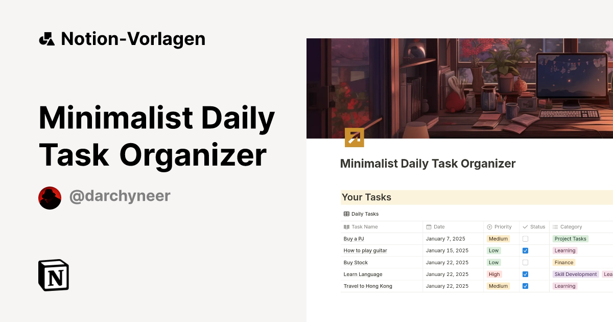 Minimalist Daily Task Organizer Vorlage von darchyneer | Notion-Marketplace