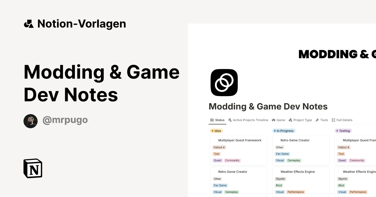 Modding & Game Dev Notes Vorlage | Notion-Marketplace