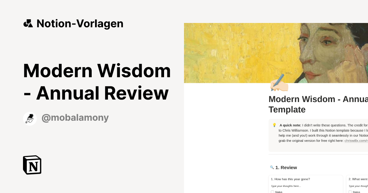 Modern Wisdom - Annual Review Vorlage von Moshiranoshow | Notion ...