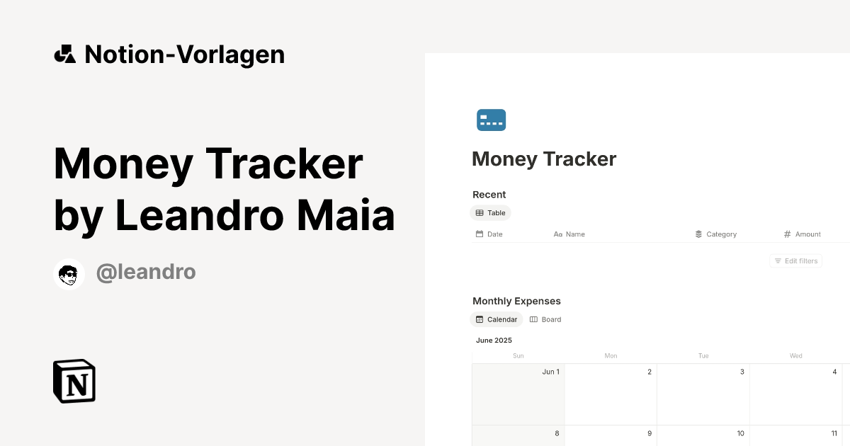 Money Tracker by Leandro Maia Vorlage | Notion-Marketplace