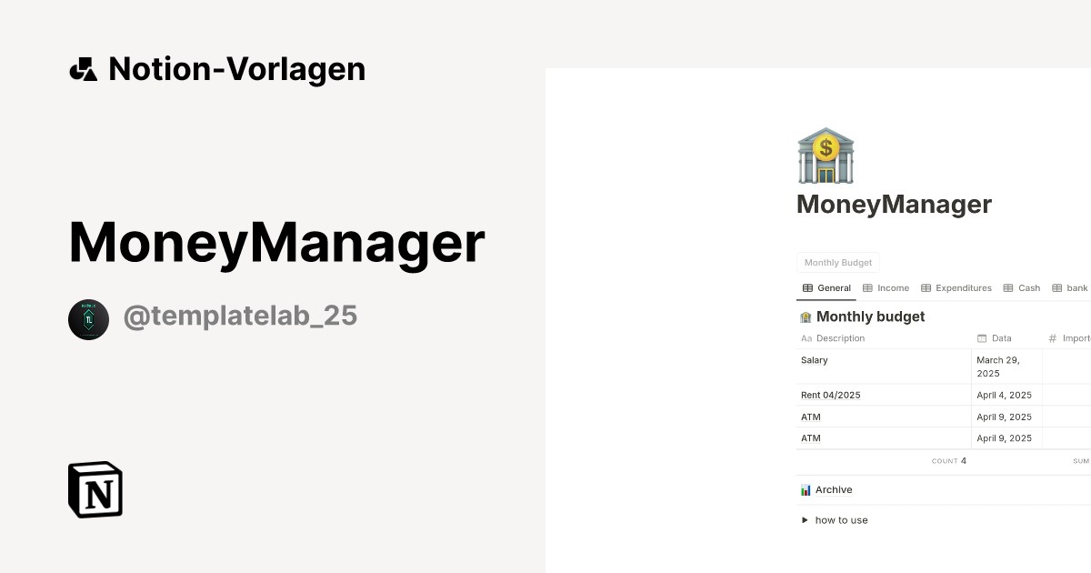 MoneyManager Vorlage | Notion-Marketplace
