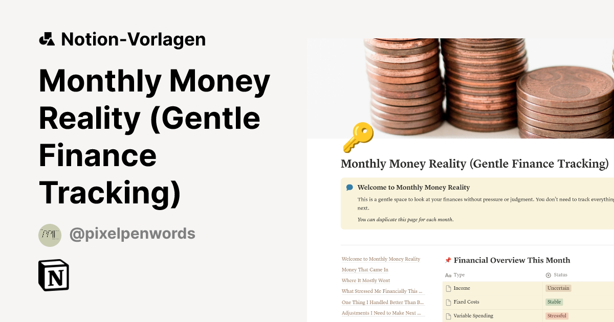 Monthly Money Reality (Gentle Finance Tracking) Vorlage von Pixel Pen ...