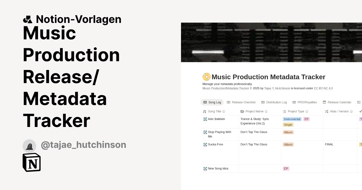 Music Production Release/Metadata Tracker Vorlage von Tajae Y ...