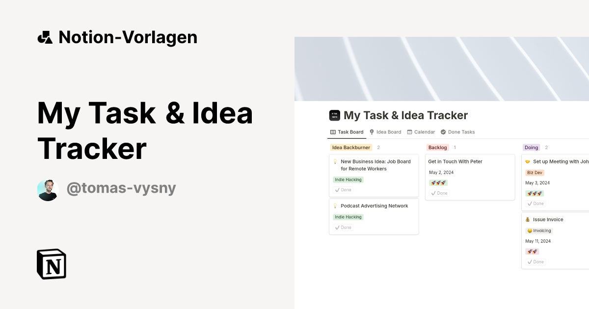 My Task & Idea Tracker Vorlage von Tomas Vysny | Notion-Marketplace