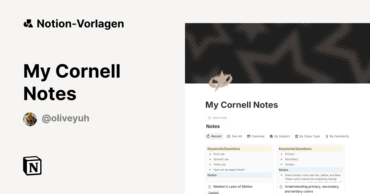 My Cornell Notes Vorlage von Olivia | Notion-Marketplace