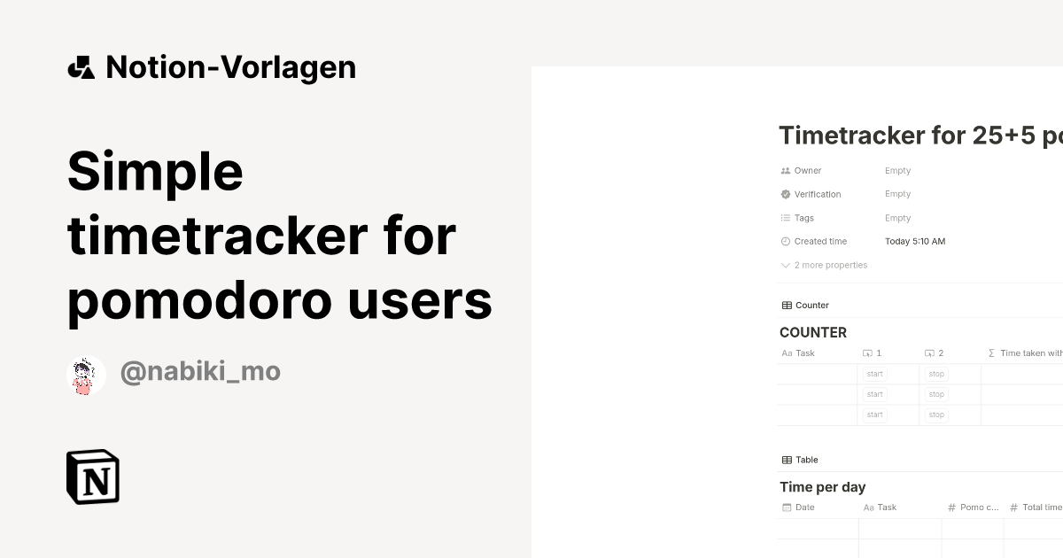 Simple timetracker for pomodoro users Vorlage | Notion-Marketplace