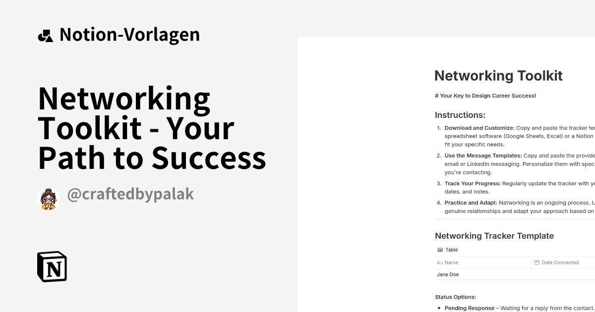 Networking Toolkit - Your Path to Success Vorlage von craftedbypalak | Notion-Marketplace