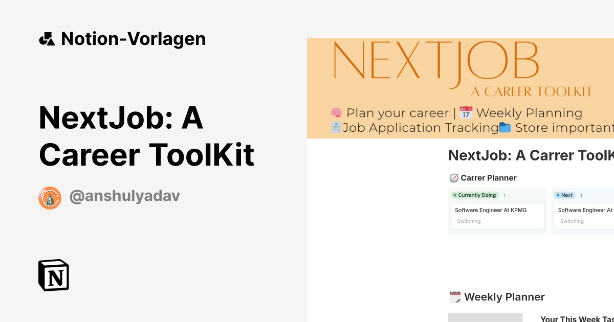 NextJob: A Career ToolKit Vorlage von Anshul Kumar Yadav | Notion-Marketplace