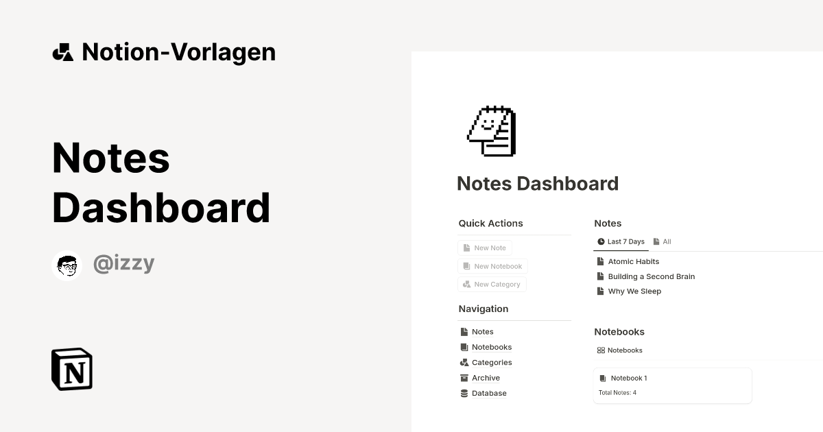 Notes Dashboard Vorlage | Notion-Marketplace