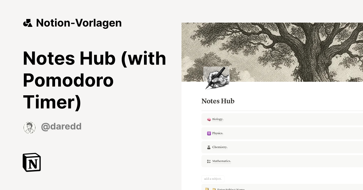 Notes Hub (with Pomodoro Timer) Vorlage | Notion-Marketplace