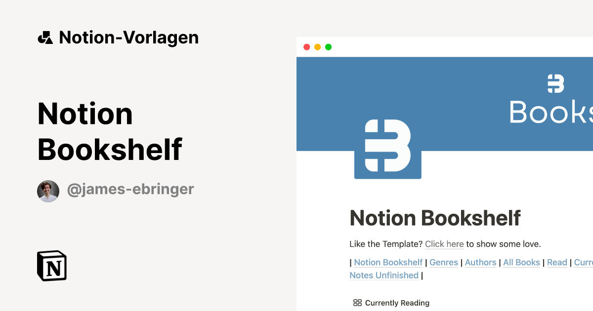 Notion Bookshelf Vorlage von James Ebringer | Notion-Marketplace