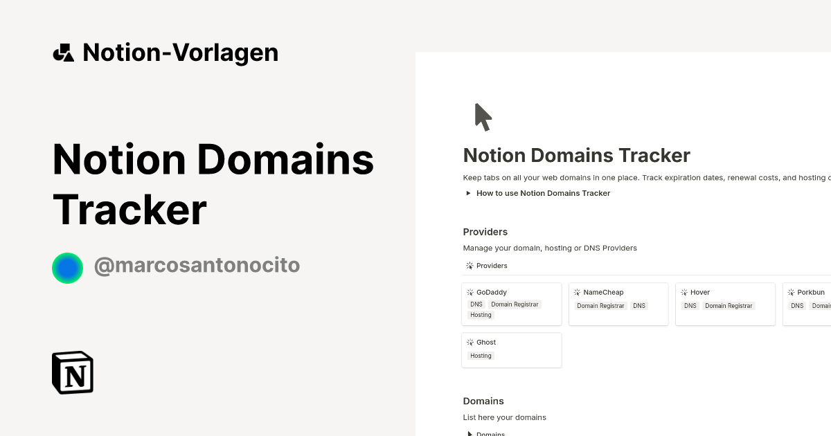 Notion Domains Tracker Vorlage von Marco Santonocito | Notion-Marketplace