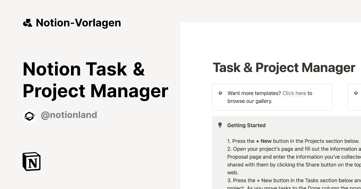 Notion Task & Project Manager Vorlage von Notionland | Notion-Marketplace