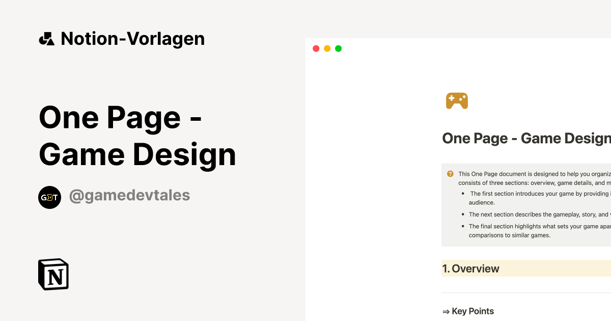 One Page - Game Design Vorlage | Notion-Marketplace