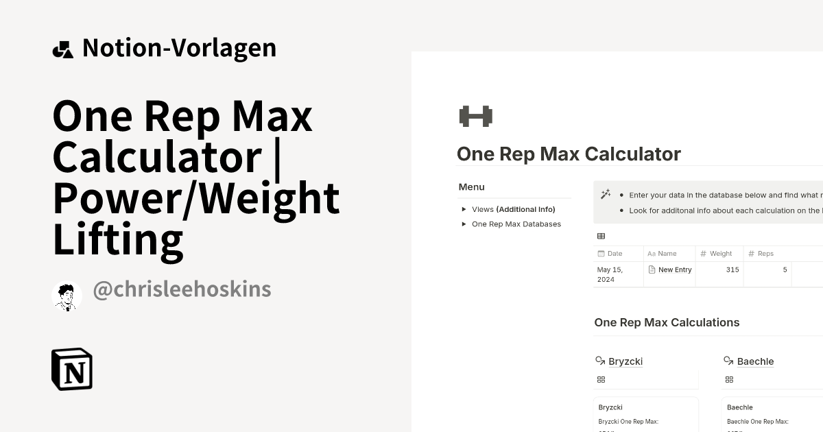 One Rep Max Calculator | Power/Weight Lifting Vorlage | Notion-Marketplace