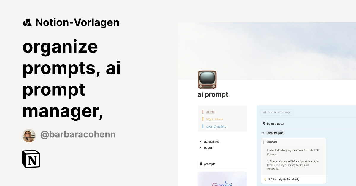 organize prompts, ai prompt manager, Vorlage | Notion-Marketplace
