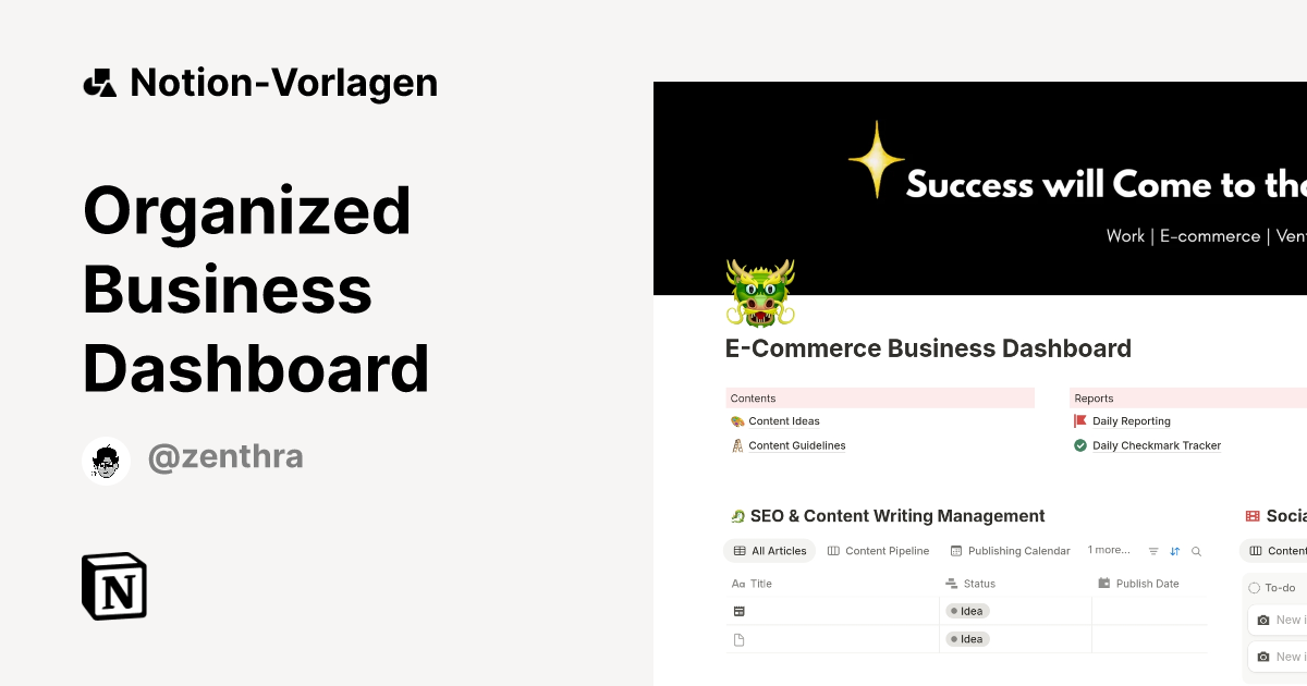 Organized Business Dashboard Vorlage | Notion-Marketplace