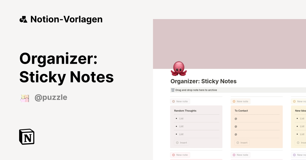 Organizer: Sticky Notes Vorlage | Notion-Marketplace