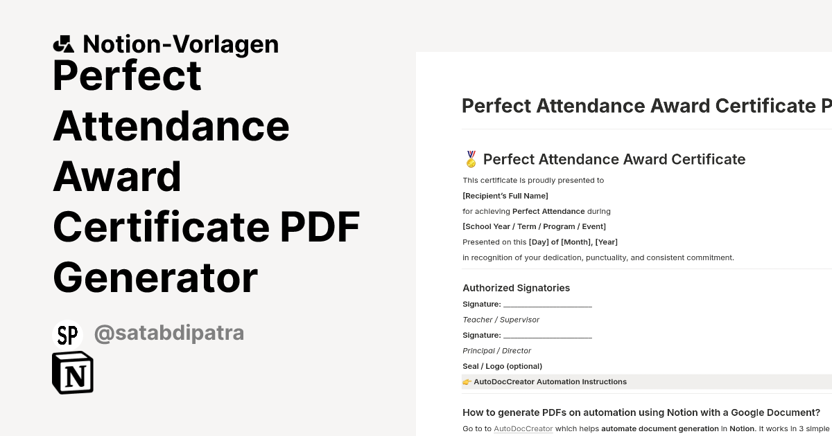 Perfect Attendance Award Certificate PDF Generator Vorlage von Satabdi ...
