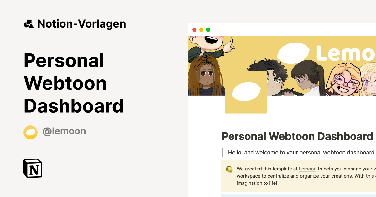 Personal Webtoon Dashboard Vorlage von Lemoon | Notion-Marketplace