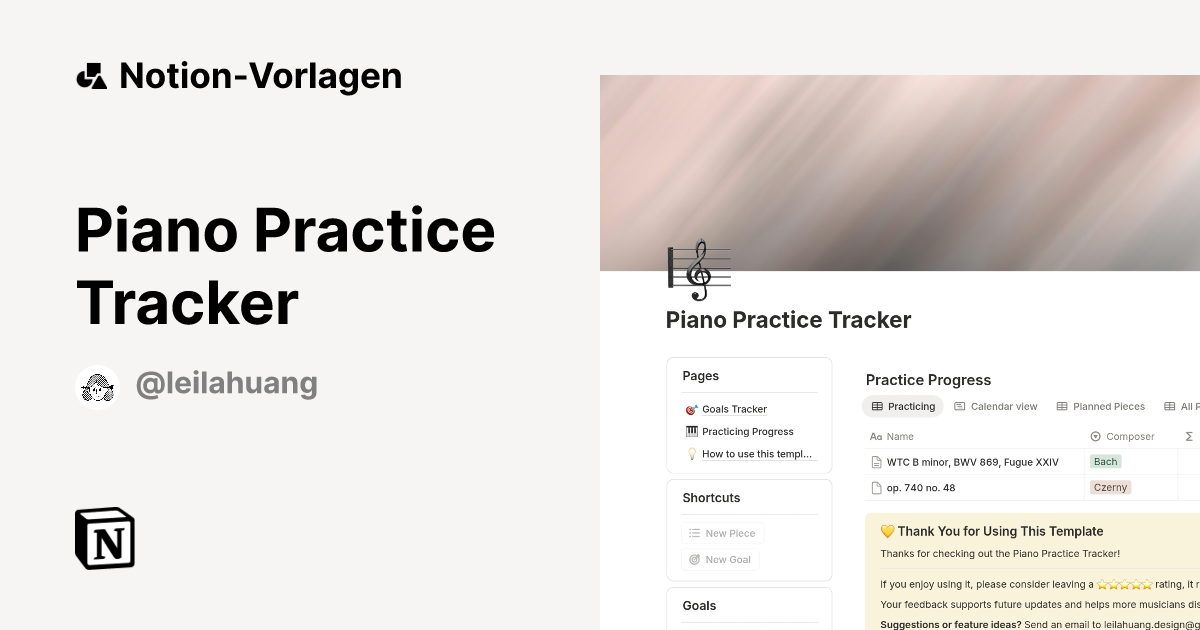 Piano Practice Tracker Vorlage von Leila Huang | Notion-Marketplace