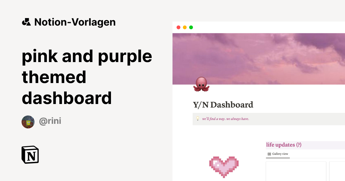 pink and purple themed dashboard Vorlage | Notion-Marketplace