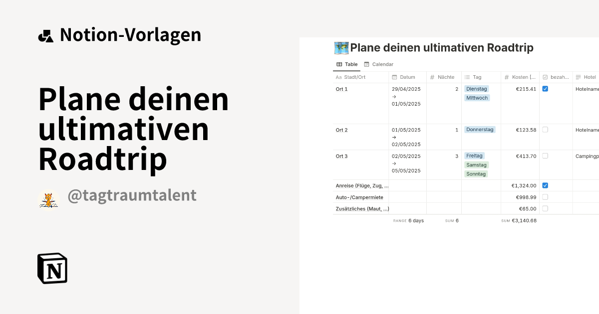 Plane deinen ultimativen Roadtrip Vorlage | Notion-Marketplace