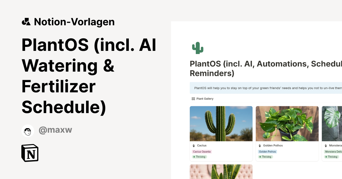 PlantOS (incl. AI Watering & Fertilizer Schedule) Vorlage | Notion ...