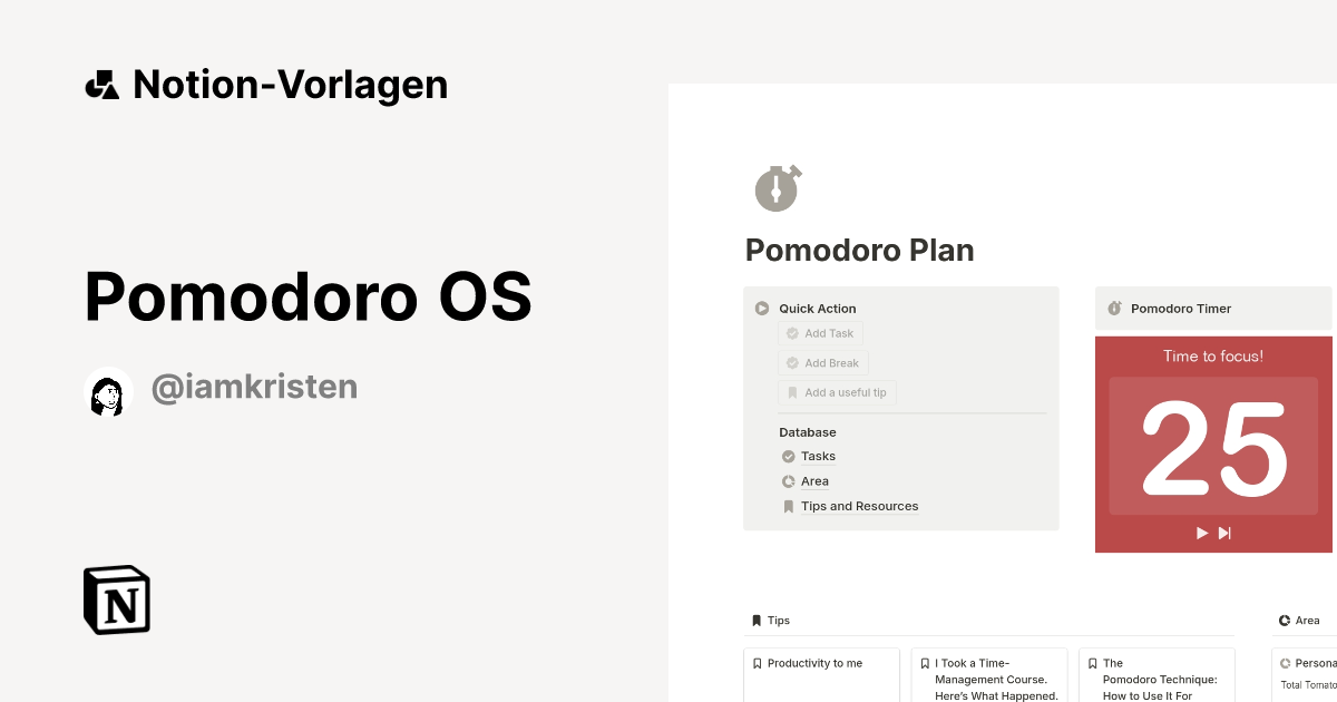 Pomodoro OS Vorlage von Kristen | Notion-Marketplace