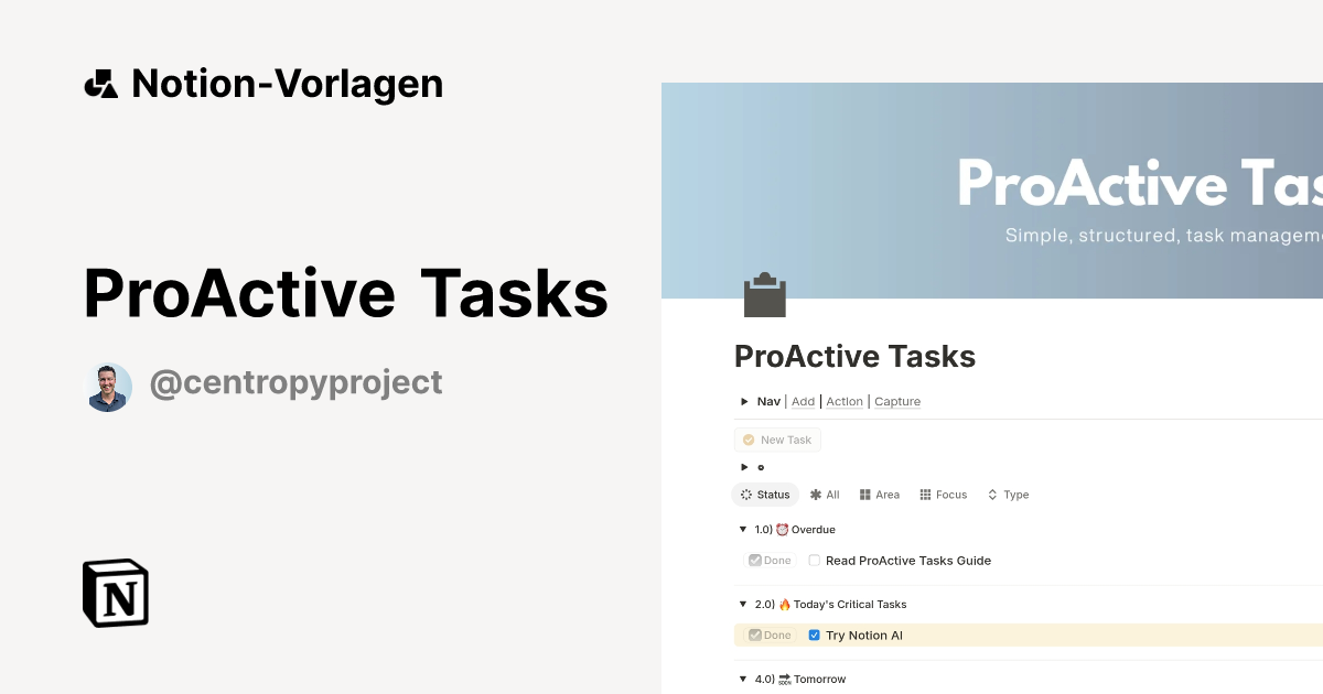 ProActive Tasks Vorlage von Centropy Project | Notion-Marketplace