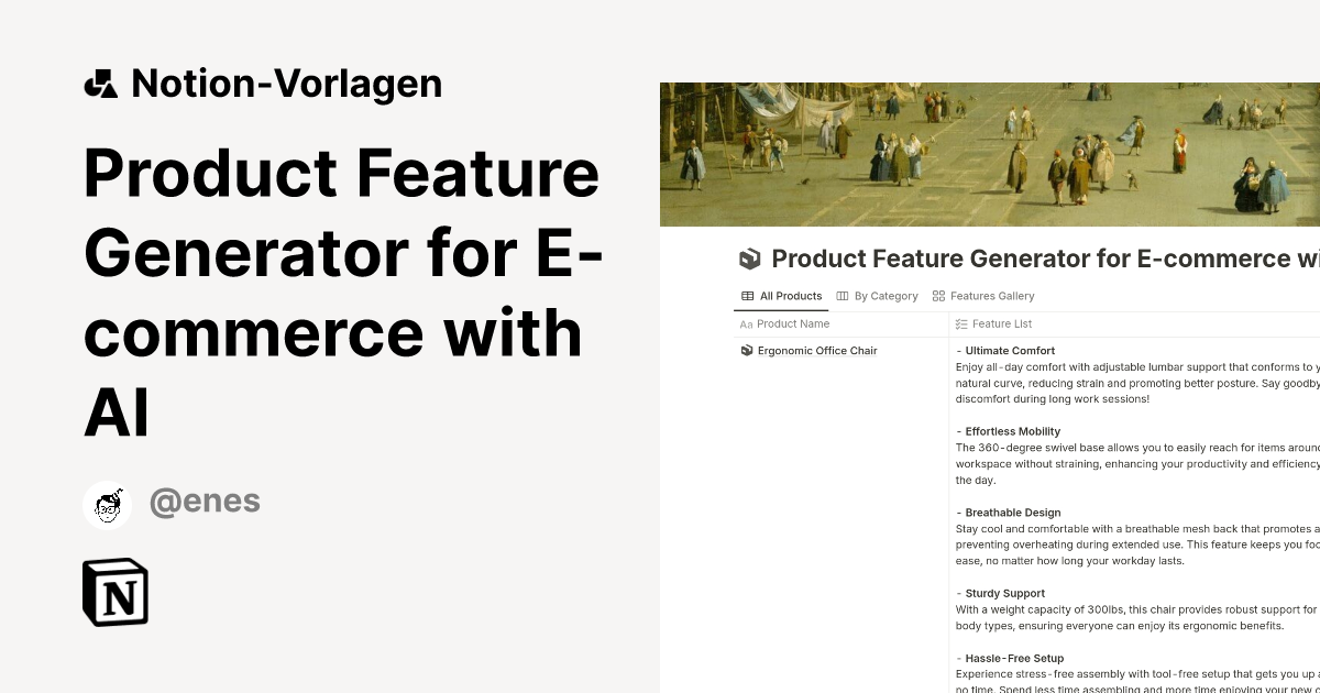 Product Feature Generator for E-commerce with AI Vorlage von Enes | Notion-Marketplace
