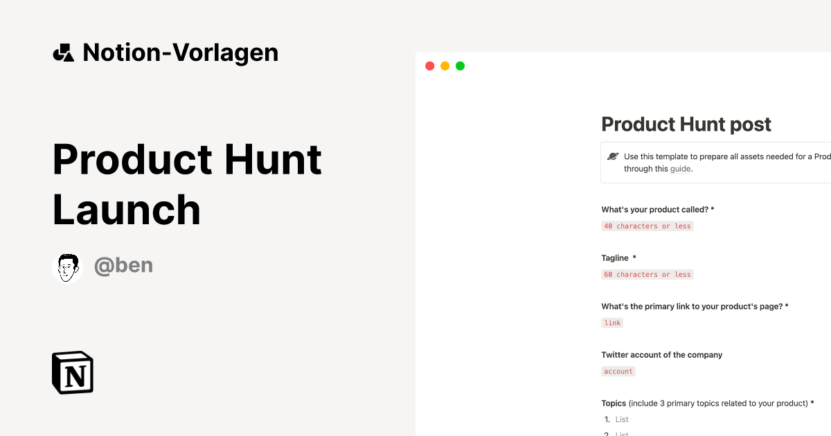 Product Hunt Launch Vorlage | Notion-Marketplace