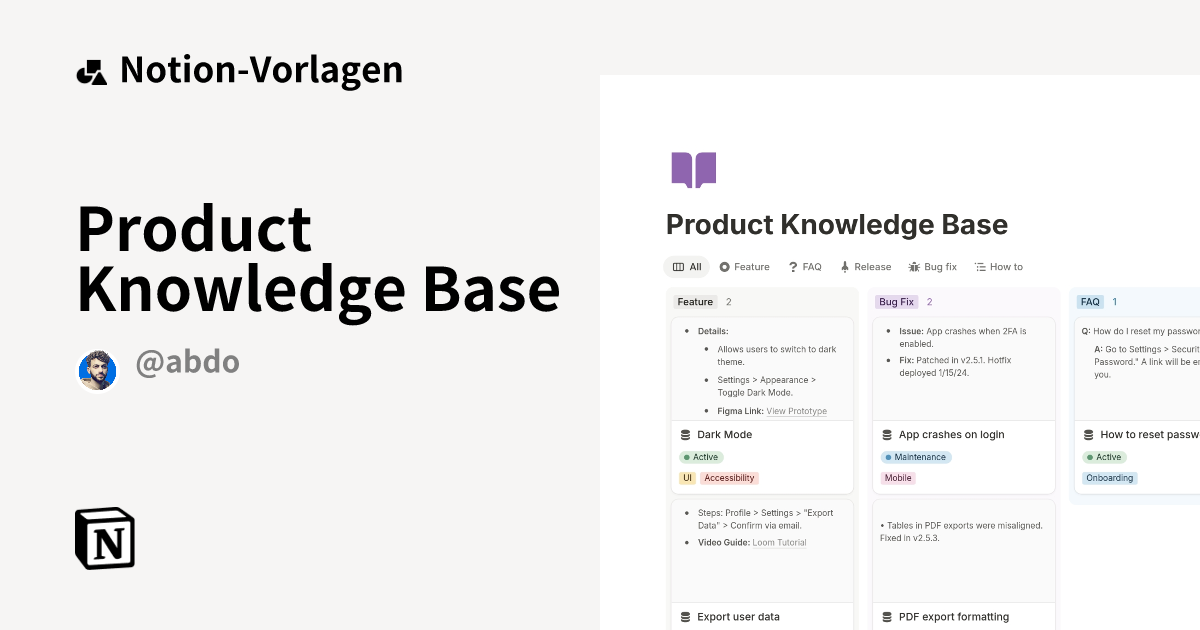 Product Knowledge Base Vorlage | Notion-Marketplace