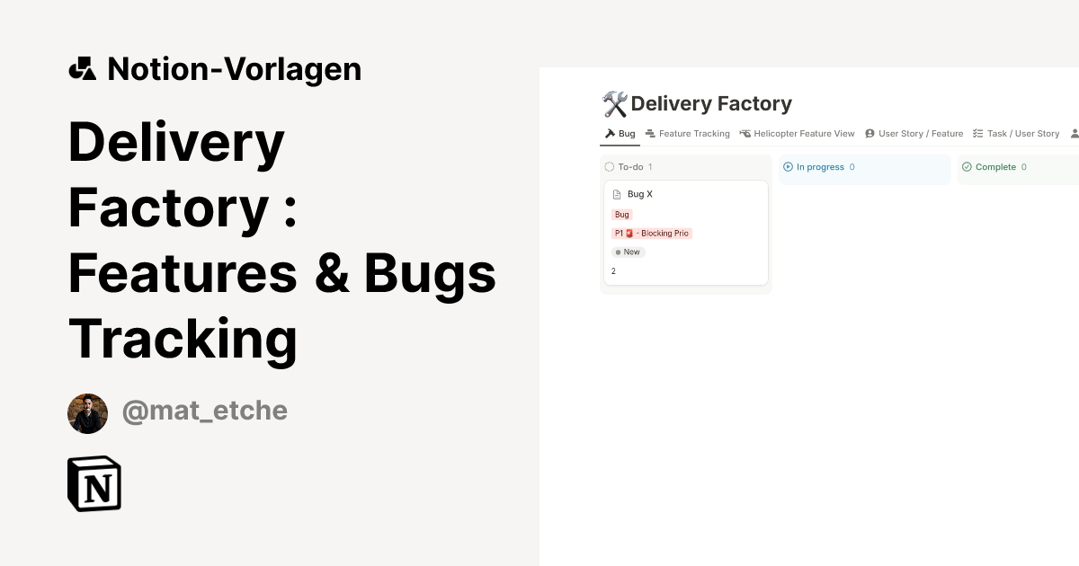 Delivery Factory : Features & Bugs Tracking Vorlage | Notion-Marketplace