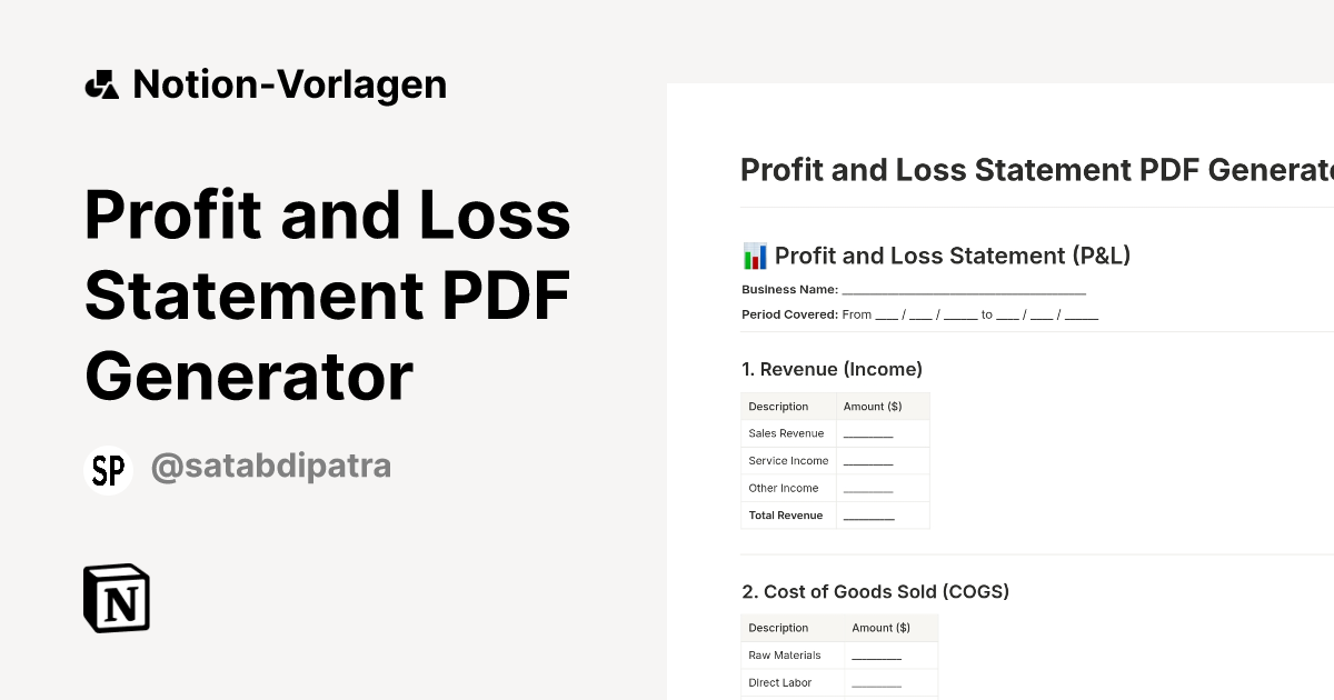 Profit and Loss Statement PDF Generator Vorlage von Satabdi Patra ...