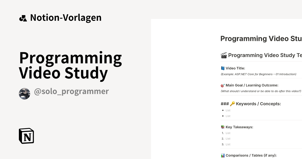 Programming Video Study Vorlage von Solo_Programmer | Notion-Marketplace