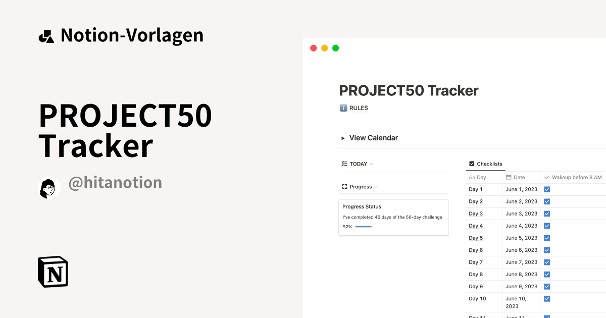 PROJECT50 Tracker Vorlage von HitaNotion | Notion-Marketplace