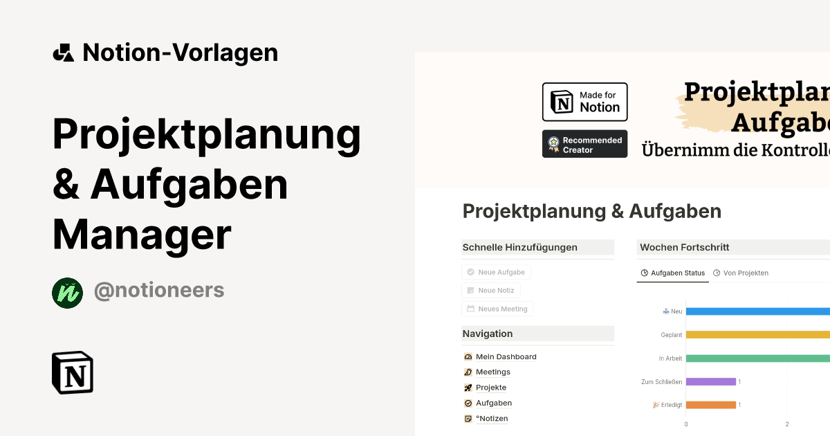 Projektplanung & Aufgaben Manager Vorlage von Notioneers | Notion ...