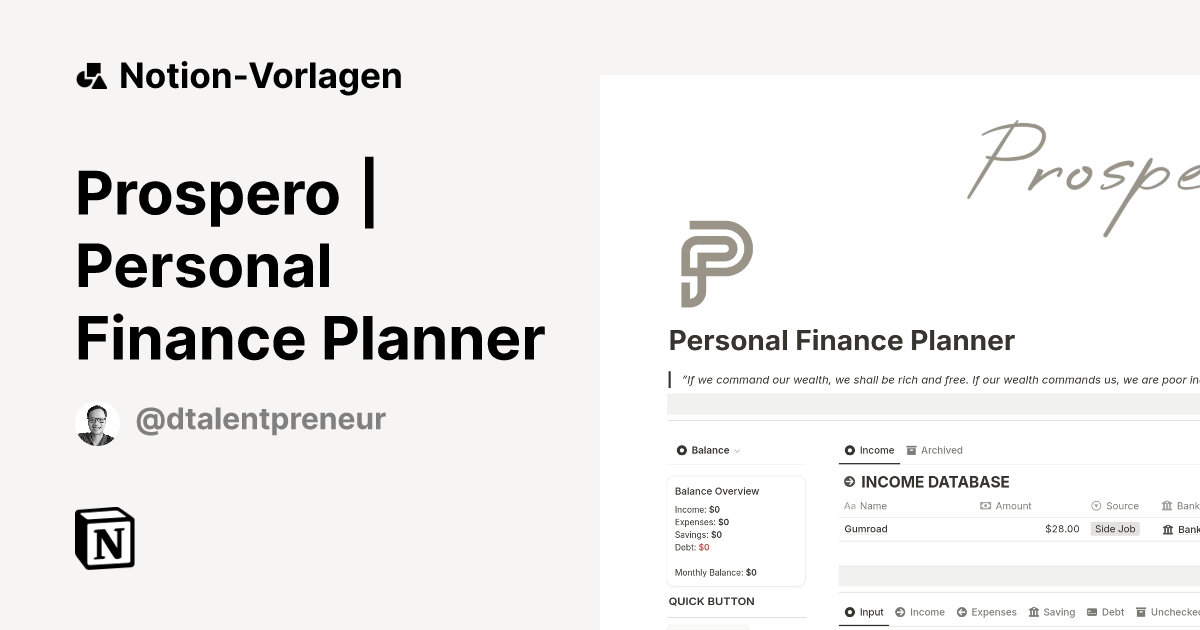 Prospero | Personal Finance Planner Vorlage | Notion-Marketplace