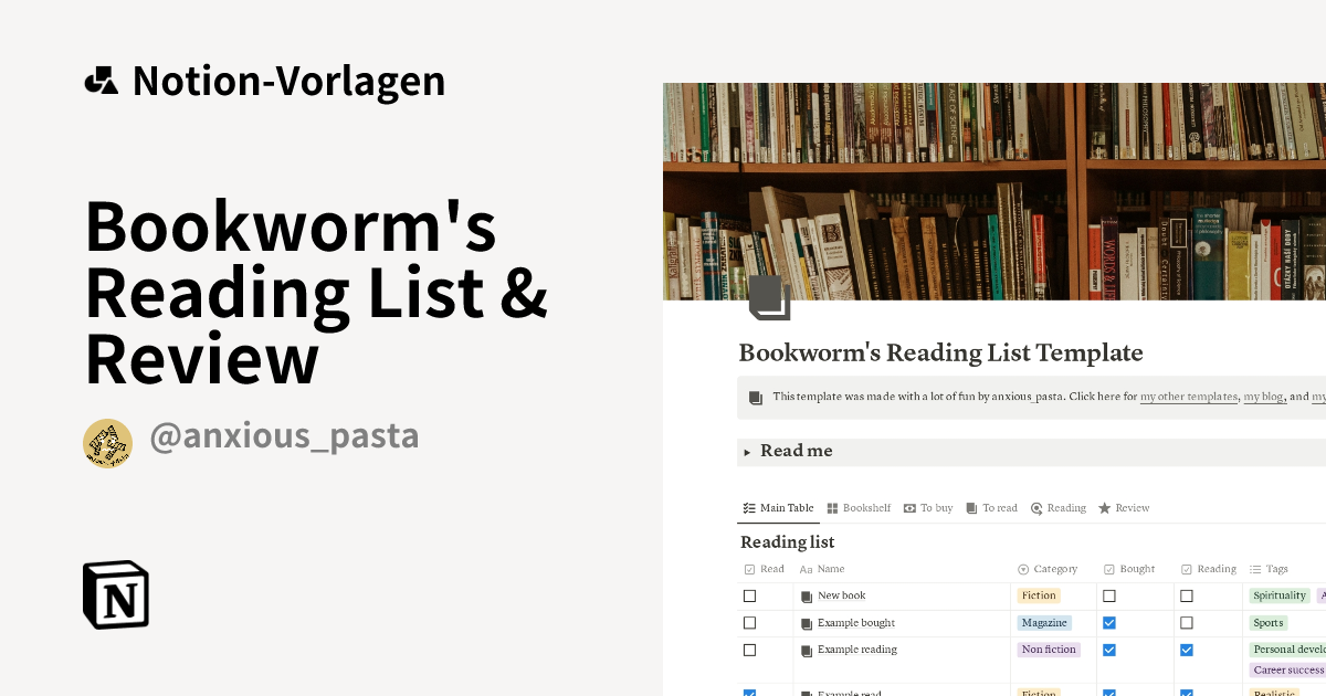 Bookworm's Reading List & Review Vorlage von anxious_pasta | Notion ...